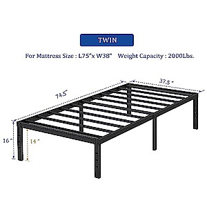 YUSENHEEI Twin Size Bed Frame 16 Inches High Metal Platform Bedframe with Slat Strips Easy Assembly Heavy Duty Strong No Need Box Spring Noise Free Non-Slip Large Storage Space Underbed