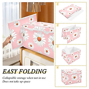 GUIJI Chamomiles Pink Fabric Storage Bins with Lids and Handle，Foldable Storage Bins with Lids，Closet Organizers for Clothes Storage，Room Organization, Office Storage, Chest Organizer