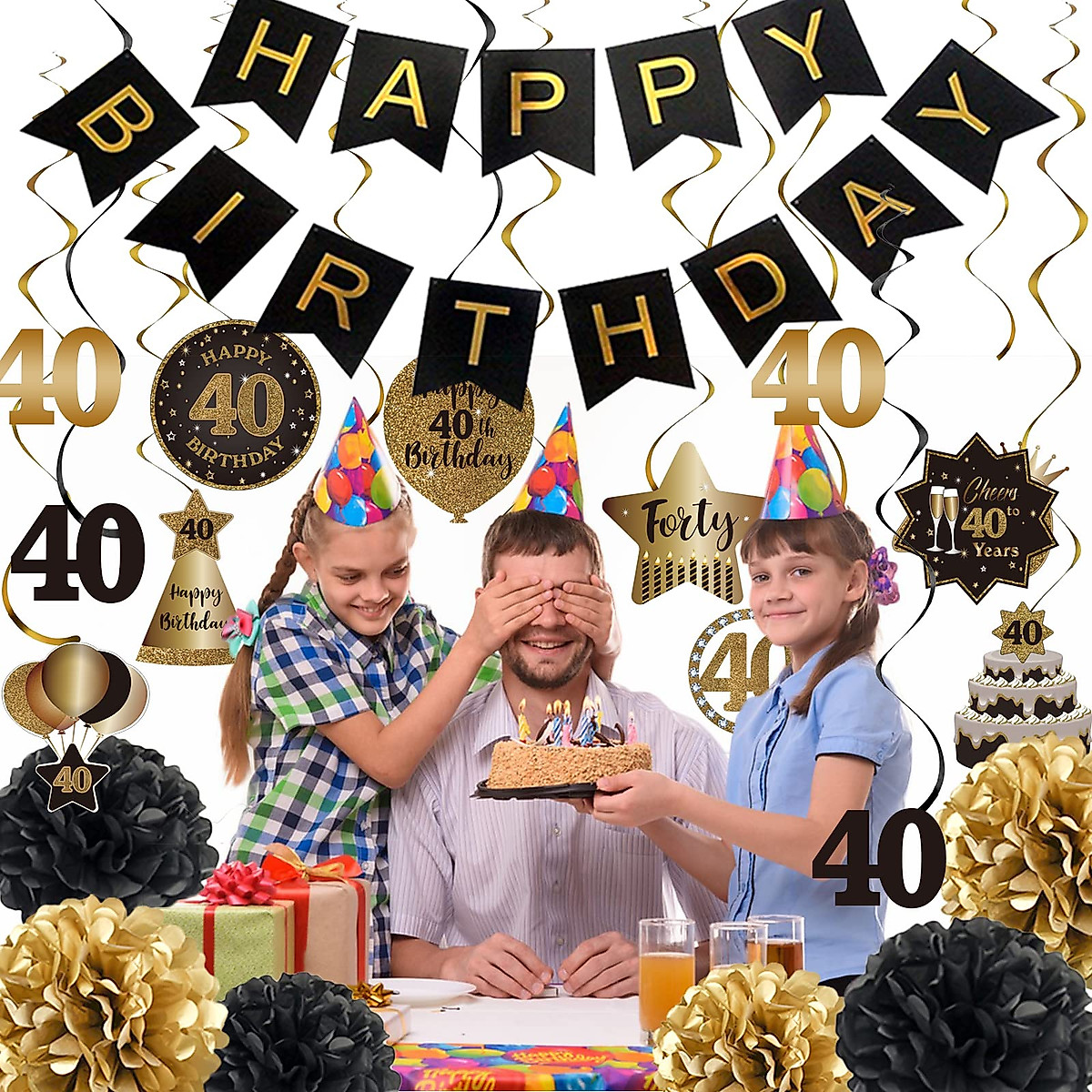 BRT Bearingshui Happy 40th Birthday Hanging Swirls Streamers Decoration Set, Happy Birthday Banner with Tissue Pompoms, Black and Gold 40 Years Old Birthday Party Hanging Backdrop Decorations