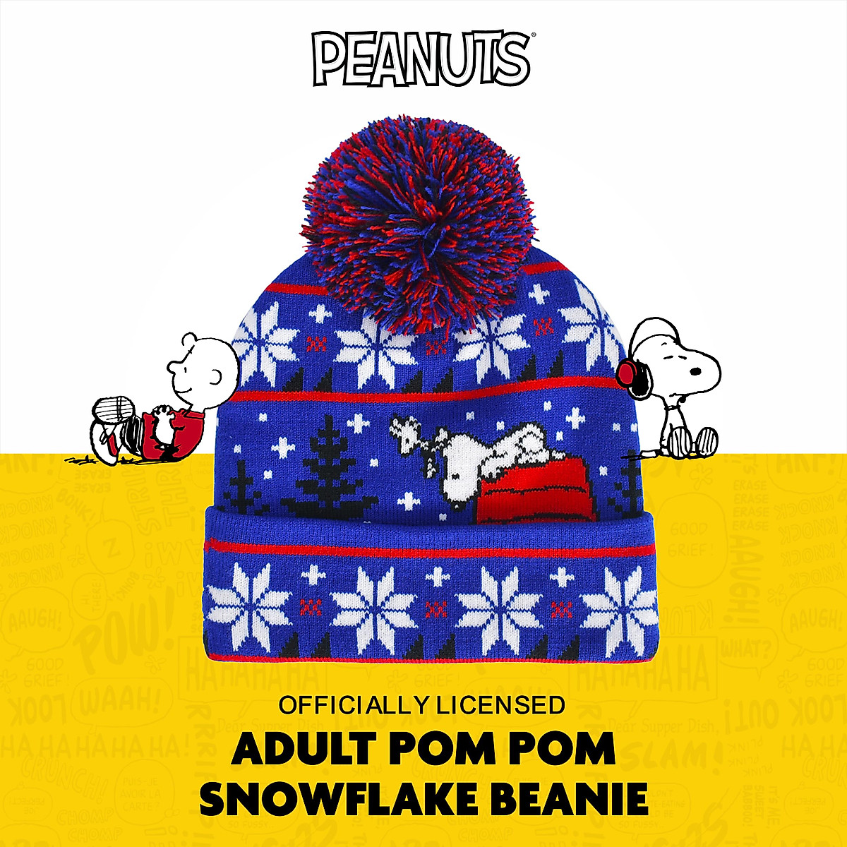 Peanuts Beanie Hat, Snoopy Red House Ugly Xmas Sweater Winter Knit Cap with Cuff and Pom, Blue, One Size