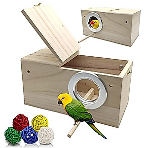 Hamiledyi Parakeet Nesting Box Wood Parrot Nest Breeding Box Kit Natural Bird House for Cage Budgie Breeder Box for Small Medium Lovebirds Conure Finch Cockatiel (5.12"×5.12"×9.84")