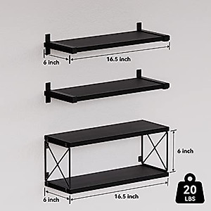 WOPITUES Floating Shelves Wall Mounted, Wood Bathroom Shelves with Extra Storage Shelf, Rustic Wall Shelves for Bathroom, Bedroom, Kitchen, Living Room, Plants - Black