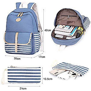 Createy 4 Pcs Canvas Backpack for Girls School Bag Kids Bookbags Teen Backpack Travel Daypack Stripe Backpack with Lunch Box and Pencil Case