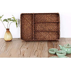 Cabilock Kitchen Utensil Drawer Organizer with Dividers Rattan Flatware Basket Natural Wicker Serving Basket Flatware Cutlery Organiser Tray for Flatware and Kitchen Utensils Coffee