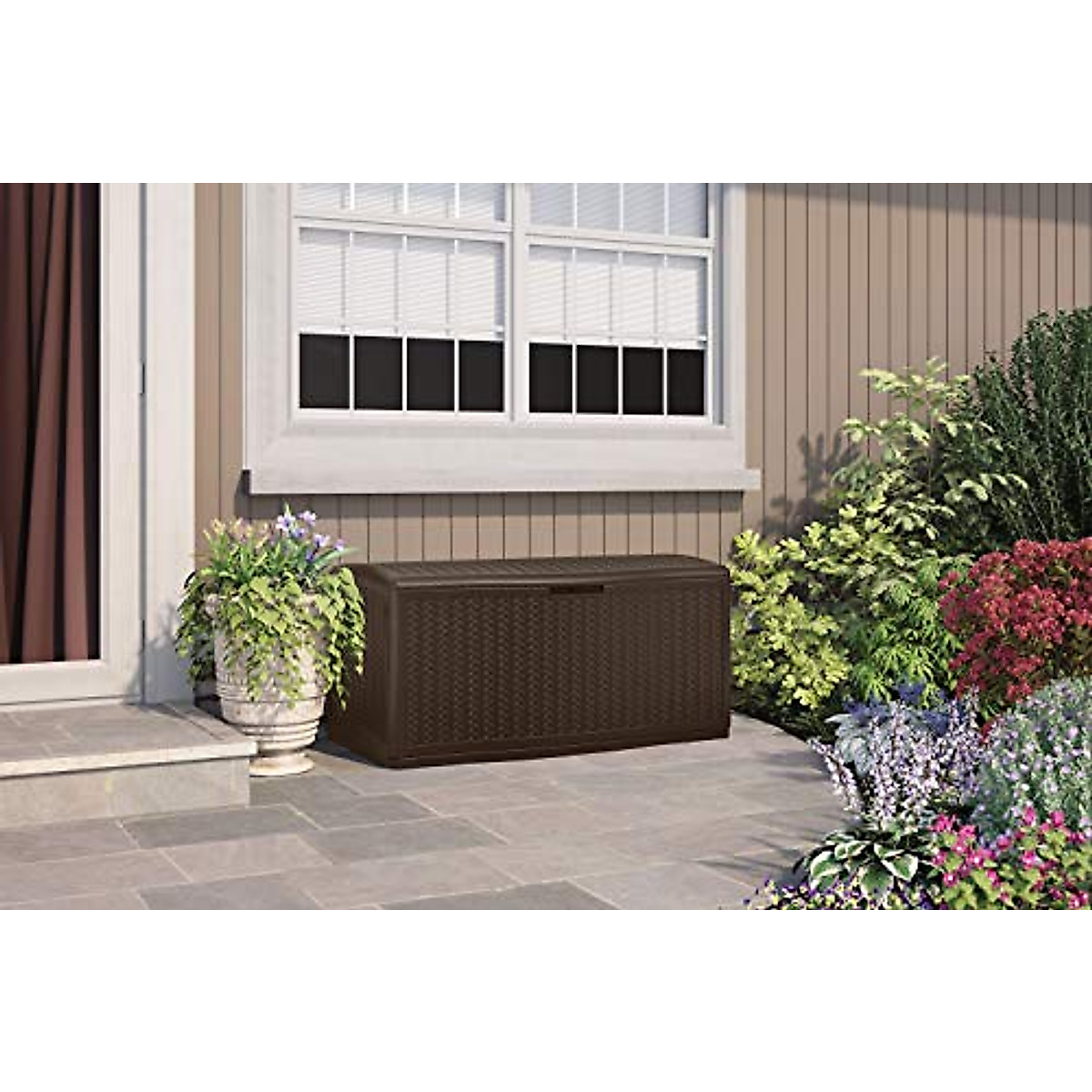 Suncast 124 Gallon Resin Extra Large Deck Storage Cabinet, Mocha Herringbone