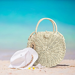 QTKJ Summer Beach Round Rattan Bag, Hand Woven Bali Straw Tote Crossbody Handbag for Womens