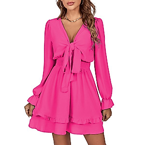 LYANER Women's Tie Front Plunge V Neck Ruffle Layer Long Sleeve Sexy Mini Dress Rose X-Large
