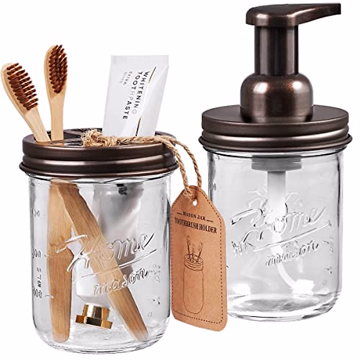 Mason Jar Bathroom Accessories Set - Includes Mason Jar Foaming Hand Soap Dispenser and Toothbrush Holder - Rustic Farmhouse Decor Apothecary Jars Bathroom Countertop and Vanity Organizer (Bronze)