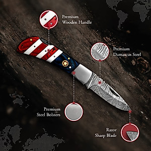 Morf Steelware American Flag Damascus Pocket Knife, USA Patriotic Damascus Folding Knife, 7.25 inches Survival Pocket Knife for Men, Handmade Camping & Hunting Knife With Sheath
