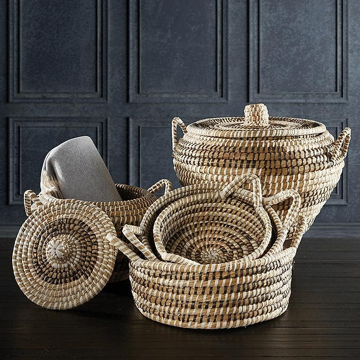 47th & Main Round Wicker Motika Storage Baskets with Lids Seagrass Basket, Set of 2, Patterned