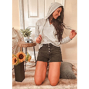 Ezcosplay Women Casual V Neck Hoodies Oversized Sweatshirt Long Sleeve Pullover Tops Gray