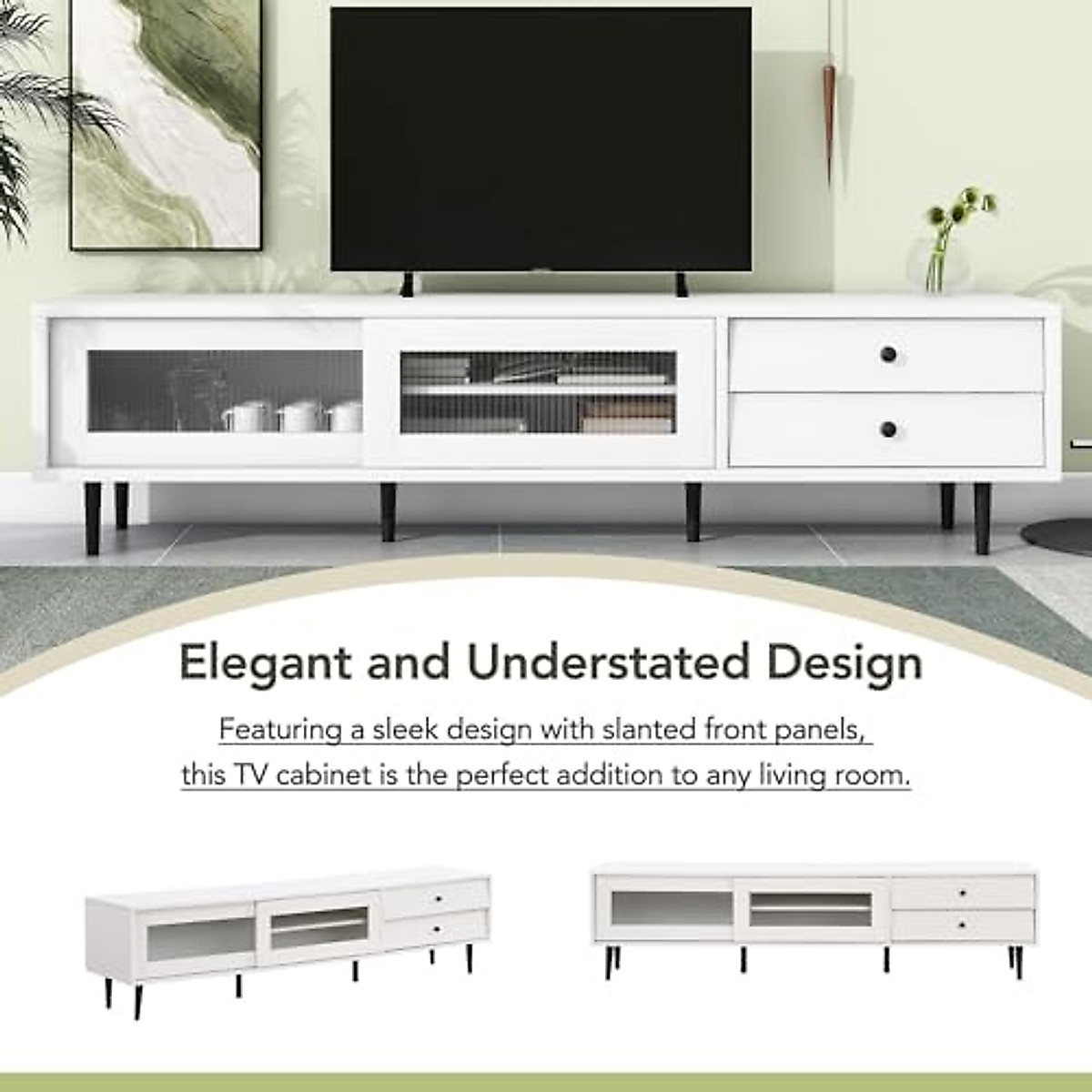 PONNYC TV Stand for TVs up to 75",Modern TV Cabinet with Sliding Fluted Glass Doors and Slanted Drawers,Media Entertainment Center Console Table Coffee Tables Credenza for Living Room Bedroom,White B