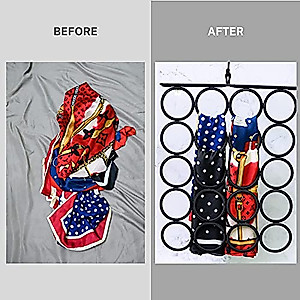 KLEAFS Handmade Crocheted Scarf Hanger for Closet Organization, Closet Organizers for Scarves, Shawl, Tie, Belts & Accessories, Space-Saving Scarf Organizer 20 Rings (Beige 360° Swivel) (Black)