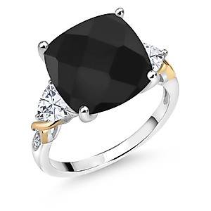 Gem Stone King 925 Silver and 10K Yellow Black Onyx White Moissanite and Diamond Ring For Women (6.45 Cttw, 12MM Cushion and 5MM Trillion, Gemstone Birthstone, Available in Size 5,6,7,8,9)