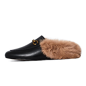 Vertundy Women's Mules Low Heel Flats Leather Slip On Backless Sandals for Girls Lady Work Slides Black Fur 6.5