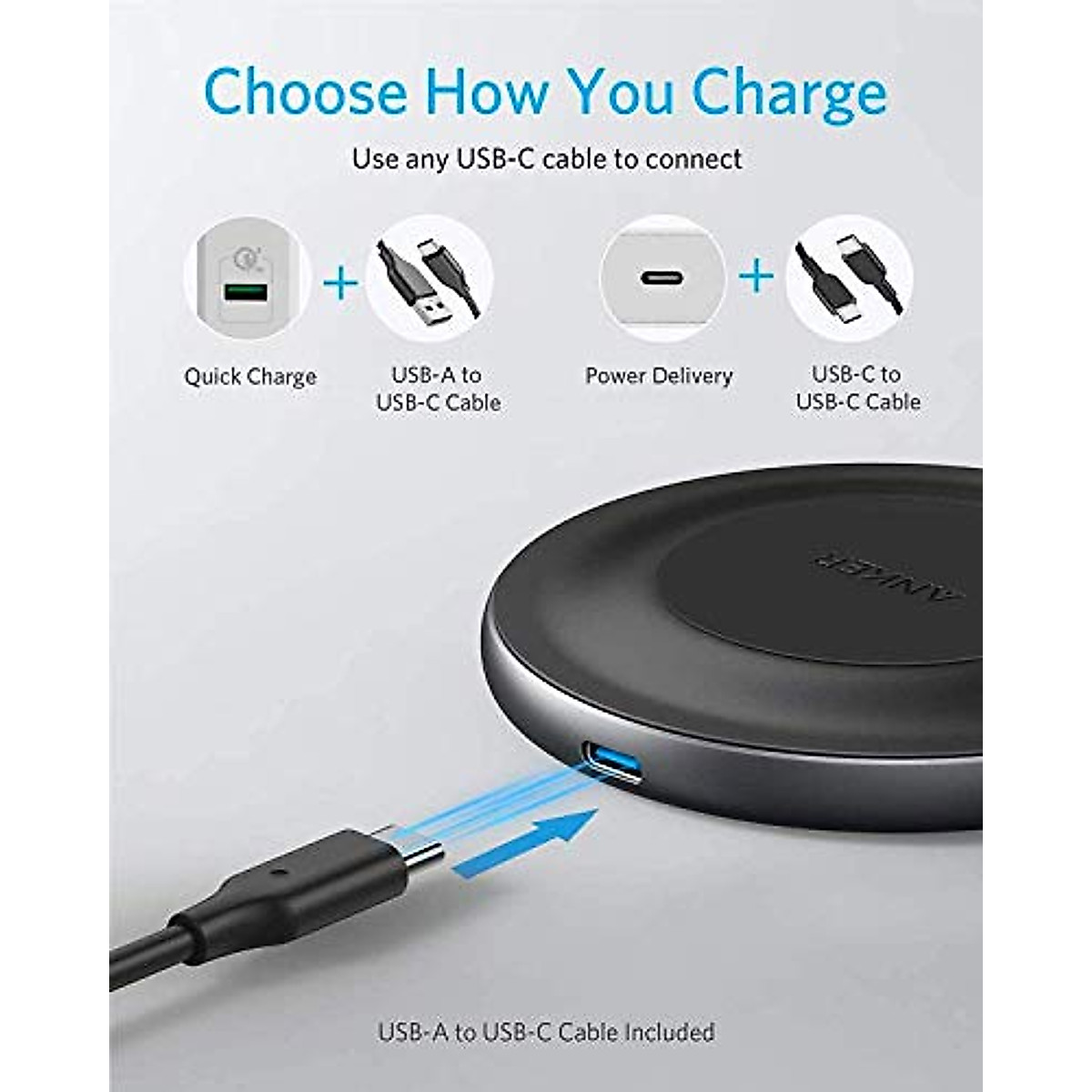 Anker 15W Max Wireless Charger with USB-C, PowerWave Alloy Pad, Qi Certified Fast Charging for iPhone SE, 11, 11 Pro, 11 Pro Max, X, Xs, Xr, Galaxy S20 S10 S9, Note 10, Note 9 & More (No AC Adapter)