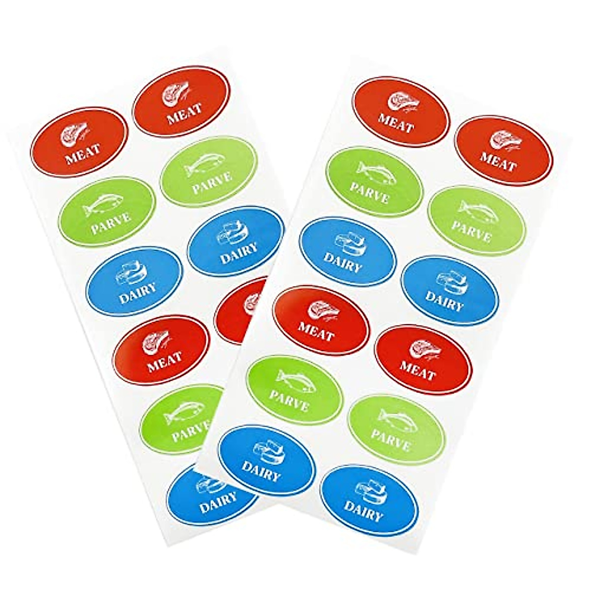 The Dreidel Company 24 Assorted Kosher Labels, 8 Blue Dairy, 8 Red Meat, 8 Green Stickers, Oven Proof up to 500°, Freezable, Microwavable, Dishwasher, English, Coded Kosher Kitchen Tools (24-Pack)