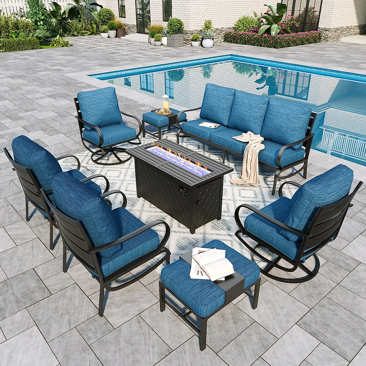 Sophia & William Patio Furniture Sets for 9 with 45" Gas Fire Pit Table Outdoor Conversation Sets, 2xSofa Chairs, 2xSwivel Cushion Chairs, 1x3-Seat Sofa, 2xOttomans for Porch Poolside Peacock Blue