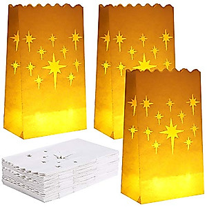 Aneco 48 Pieces Stars Design Luminary Bags White Paper Lantern Bags Flame Resistant Candle Bags Tealight Holders Luminary Bags for Christmas, Wedding, Reception, Party Decoration