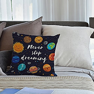 HGOD DESIGNS Outer Space Pillow Case, Cute Planets and Star Cluster Solar System Moon and Comets Sun Cosmos Cotton Linen Cushion Cover Square Standard Home Decorative Throw Pillow 18x18 inch Darkblue