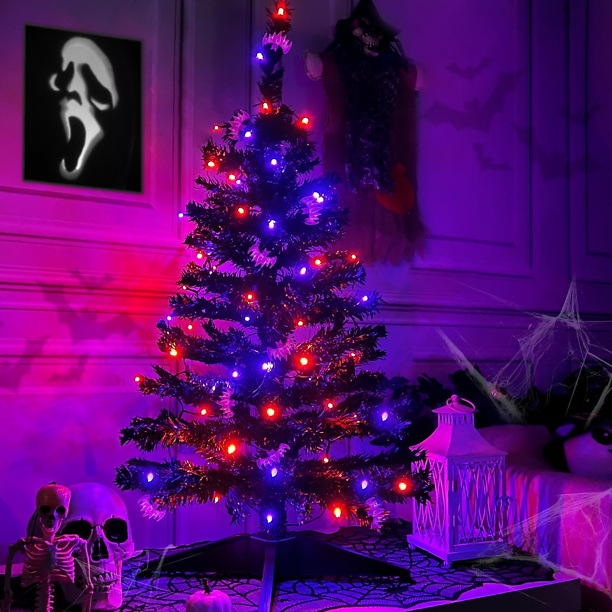 8 Modes TURNMEON 3 Ft Halloween Black Tree Decor with Timer 50 LEDs Lights Small Halloween Tree Battery Powered Artificial Black Xmas Tabletop Halloween Tree Decorations Home Indoor Outdoor Party