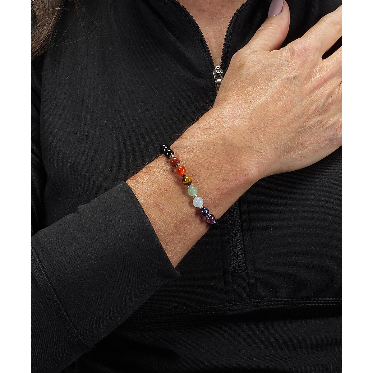 Cherry Tree Collection Natural Genuine Gemstone Chakra Stretch Bracelet | 6mm Beads, Sterling Silver Spacers | Men/Women (Black Tourmaline - Medium)