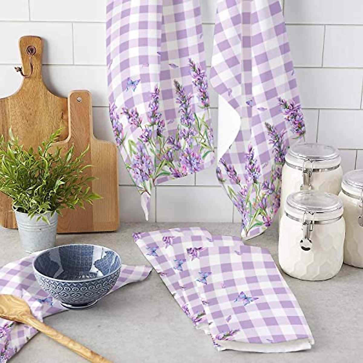 Dish Cloths Kitchen Towels, Lavender Flower Butterfly Purple Plaid Buffalo Check Summer Floral Dishcloths Soft Reusable Cleaning Cloths Absorbent Dish Towels for Household Cleaning, 3 Pack, 18"x28"