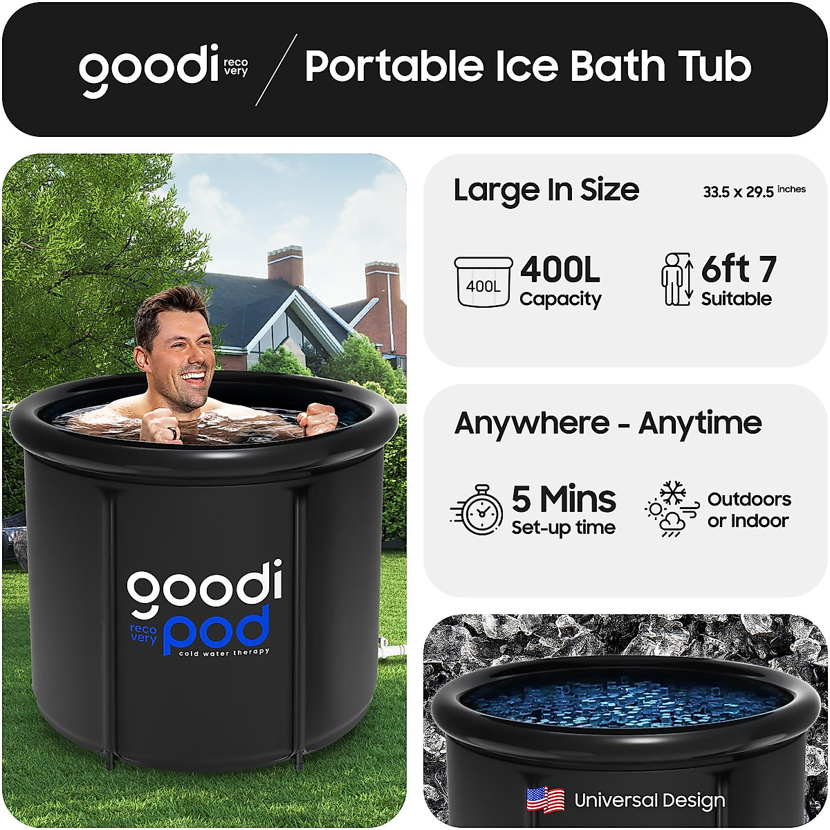GOODI 110 Gallons Large Portable Ice Bath Tub for Adults/Athletes, Upgraded Cold Plunge Tub Outdoor/Indoor, Ice Plunge Tub/Cold Plunge Bath for Cold Water Therapy 85x75cm (Black)