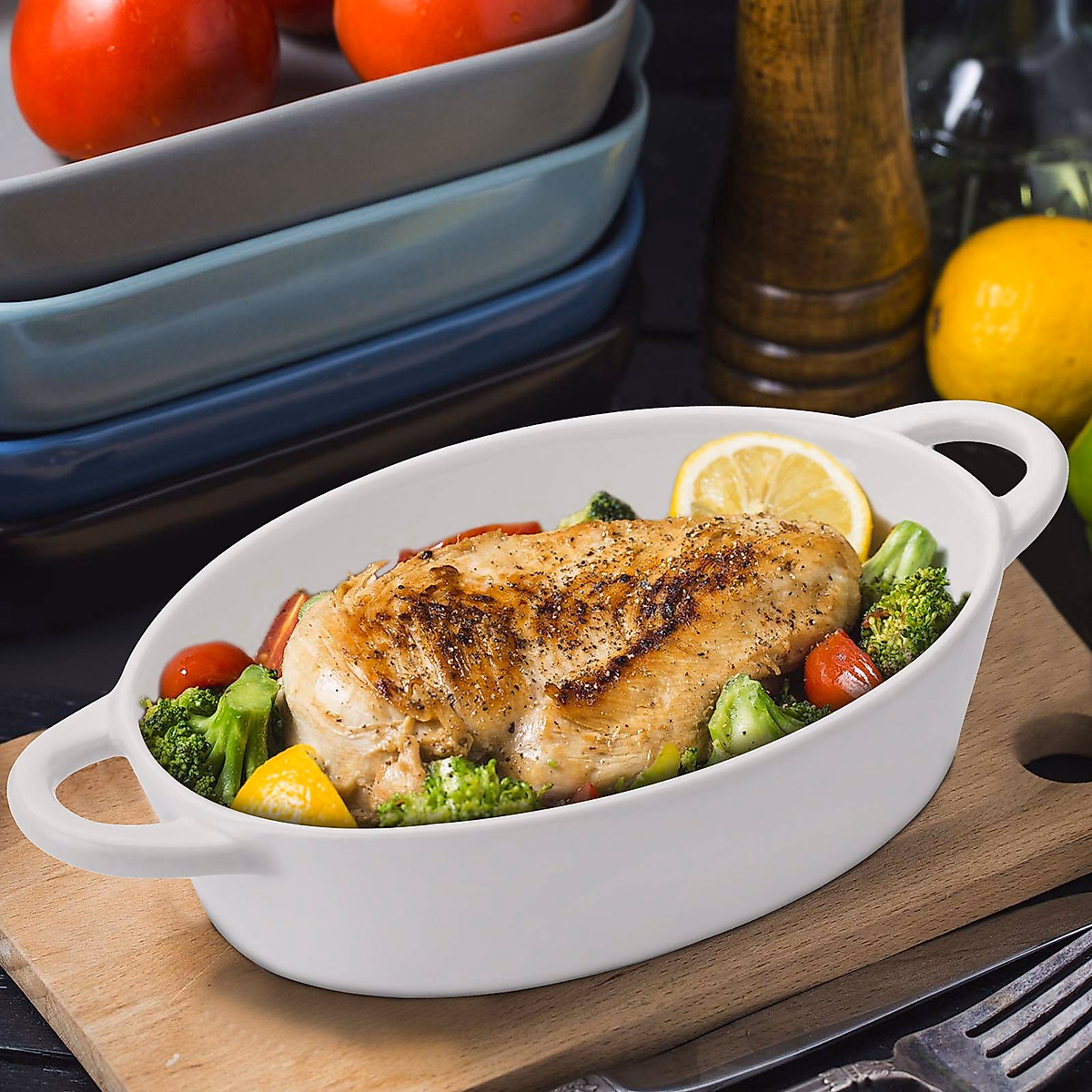 Foraineam 4 Pack 20 Ounce Porcelain Ramekins with Double Handles Oval Creme Brulee Souffle Baking Dishes