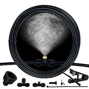HEMYLU Misting Cooling System, 50FT (15M) Misting Line + 16 Brass Mist Nozzles + Quick Installation Kit Misting System for Outdoor Patio Garden Greenhouse
