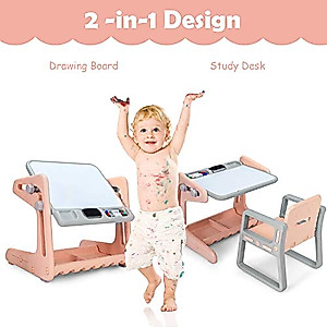 Costzon 2 in 1 Kids Table & Chair, Art Easel w/Adjustable Magnetic Painting Board, Storage Space, Art Supply Accessory, Children Convertible Activity Table Set for Drawing Reading Art Playroom (Pink)