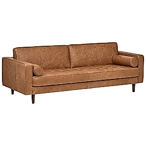 Amazon Brand – Rivet Aiden Mid-Century Modern Leather Sofa Couch, 86.6"W, Cognac