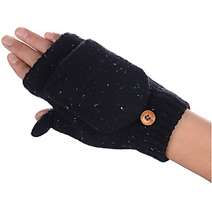 Be Your Own Style BYOS Womens Winter Soft Warm Plush Fleece Lined Convertible Fingerless Marble Speckled Knit Mittens Gloves Glittens W/Thumb Flaps (Black)