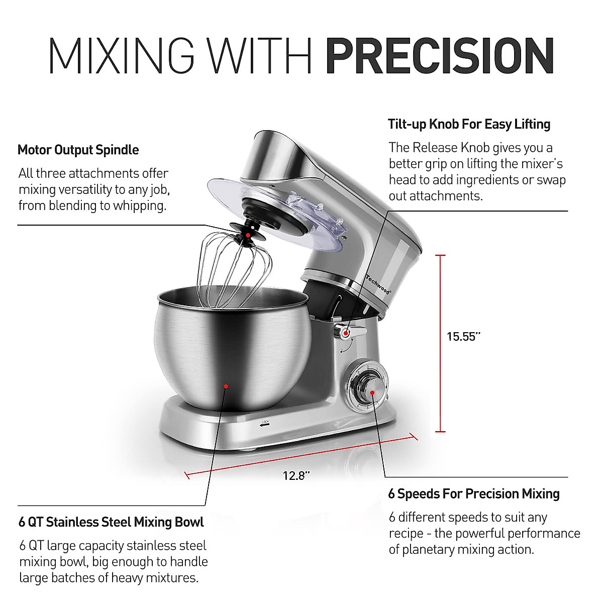 Stand Mixer, Techwood Electric Food Mixer, 6QT 400W 6-Speed Tilt-Head Kitchen Dough Mixer with Stainless Steel Bowl, Dough Hook, Wire Whip and Beater, Black