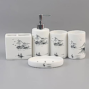 SUNESA Soap Dispenser Bathroom Accessories Set - 5pcs Resin Bathroom Sets for Hotel Restroom Apartment Including Soap Dispenser Toothbrush Tumbler Soap Dish and Tray (White) Bathroom Soap Dispenser