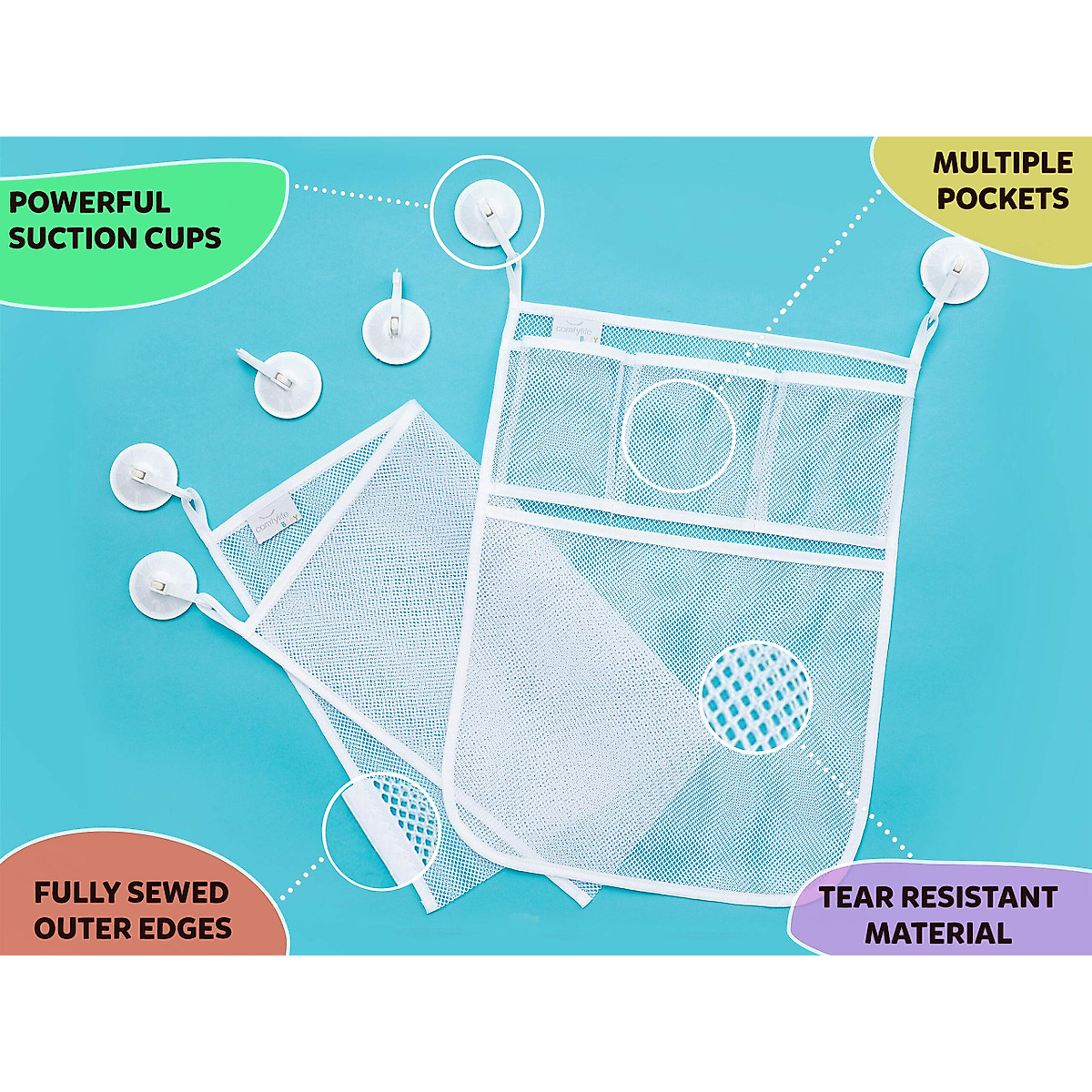 2 x Mesh Bath Toy Organizer + 8 Ultra Strong Hooks – The Perfect Bathtub Toy Holder & Bathroom or Shower Caddy – These Multi-use Net Bags Make Baby Bath Toy Storage Easy – For Kids & Toddlers