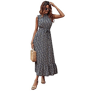 SweatyRocks Women's Floral Sleeveless Ruffle Hem A Line Midi Dress Mock Neck Belted Dresses Blue White S