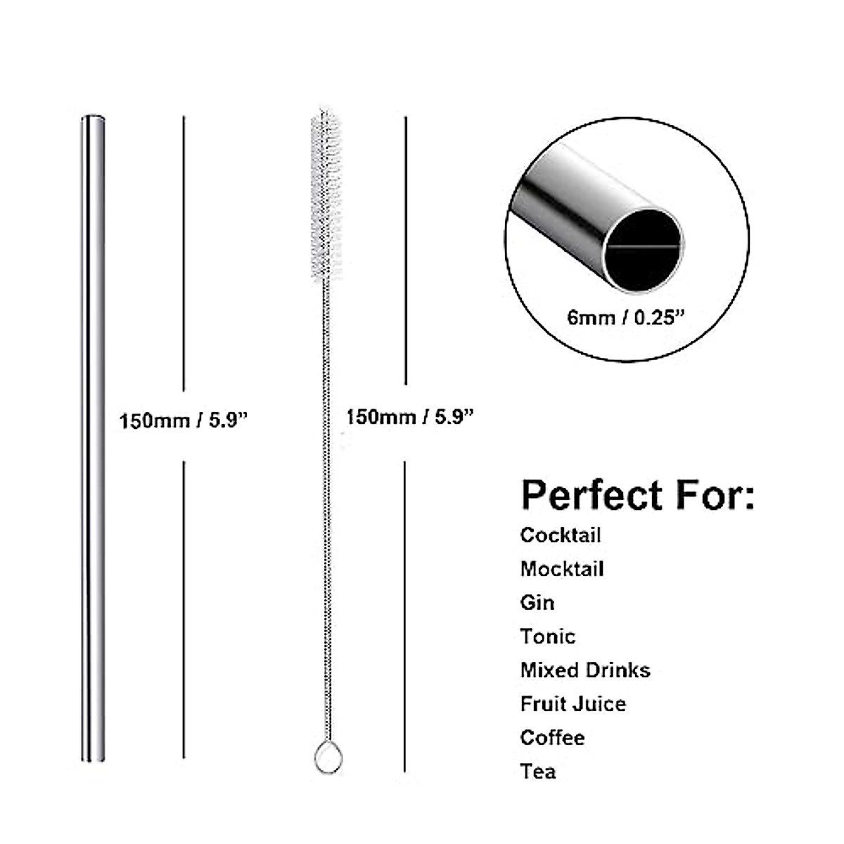 Cocktail Straws Short Small Mini Straw Reusable Metal Stainless Steel Bar Drinking Straws Set with Cleaner Brush for Cocktails Rock Gin Glass Coffee Wine Mason Jar Tumblers Fruit Juice, Silver 8 Pcs