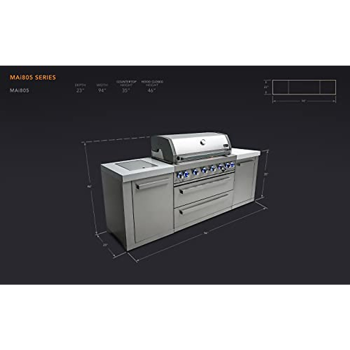 Mont Alpi MAi805 44-inch 6-Burner 115000 BTU Stainless Steel Gas Outdoor Kitchen Bar Barbecue Modular Island Grill w/ Infrared Side & Rear Burners + Granite Countertops + Storage Cabinets & Drawers