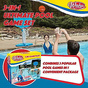Wahu 3-in-1 Pool Sports Game Pack with Basketball and Hoop, Volleyball and Net, and Paddles and Paddle Balls, Pool Volleyball, Basketball, and Paddle Ball Set