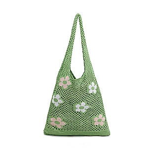 ENBEI Crochet Tote Beach Bag for Women with 6 Flower Pattern, Aesthetic Boho Large Bag, Foldable & Lightweight, Perfect for Beach, Travel, Daily Use & Gift