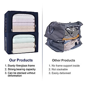 100L Large Capacity Clothes Storage Bag Organizer 3 Pack with Fiberglass Frame Oxford Fabric for Comforters, Blankets, Quilt, Bedding, Stackable Closet Storage Bags Foldable Storage Containers with Reinforced Handle Sturdy Zipper, Clear Window