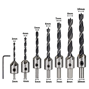 KEWAYO Countersink Drill Bits Set - 7Pcs High-Speed Steel Counter Sink Bits for Woodworking Carpentry, Includes 1 Free Hex Key Wrench