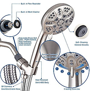Egretshower Handheld Shower Head High Pressure 6-Setting Spray Detachable 4.3" Hand Held Rain Showerhead with long Stainless Steel Hose and Adjustable Bracket - Brushed Nickel
