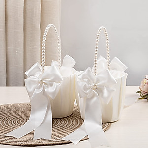 Flower Girl Baskets for Wedding,Ivory Flower Girl Basket With Pearl Handle set of 2,Wedding Baskets for Flower Girls