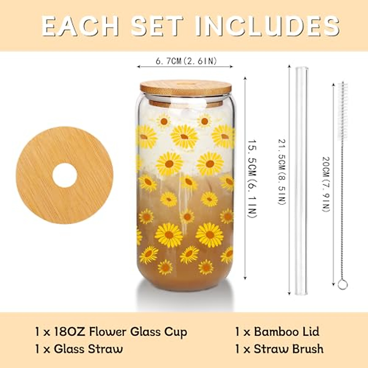 Sunflower Gifts for Women, Glass Cups with Lids and Straws, 18OZ Glass Cups, Drinking Glasses, Iced Coffee Glasses Cup, Smoothie Cups, Tumbler Glass, Reusable Cup Drinking Glasses -Set of 1