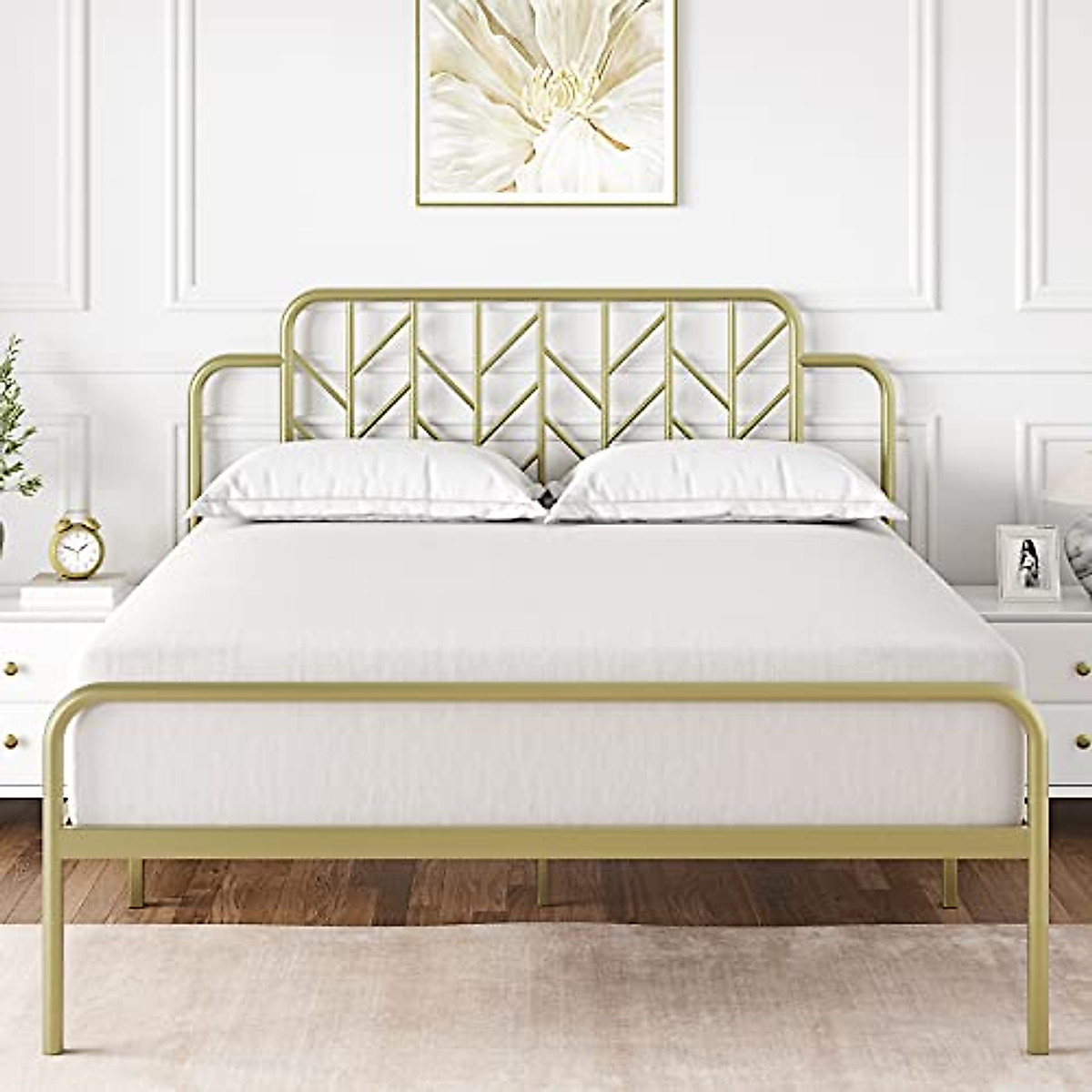 IDEALHOUSE Gold Full Size Platform Bed Frame with Headboard and Footboard, 12.6 Inches Metal Mattress Foundation for Storage, No Box Spring Needed, Easy Assembly, Modern Design, Branch