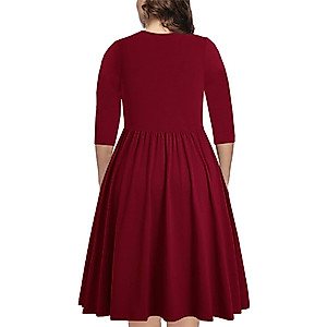 BEDOAR Plus size 3/4 Sleeve Christmas Red Dresses Button Swing Knee Length Daily Dresses(B004Burgundy, 14W)