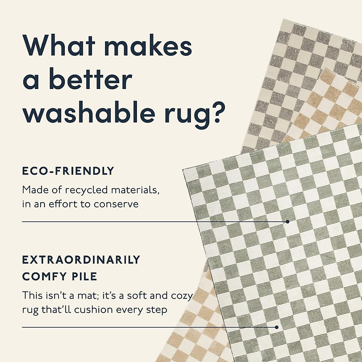 Revival Rugs Gambit 8'x10’ Checkered Rug Washable Area Rug for Living Room Bedroom - 100% Recycled Oeko-TEX Certified, Medium Pile, Green, Beige