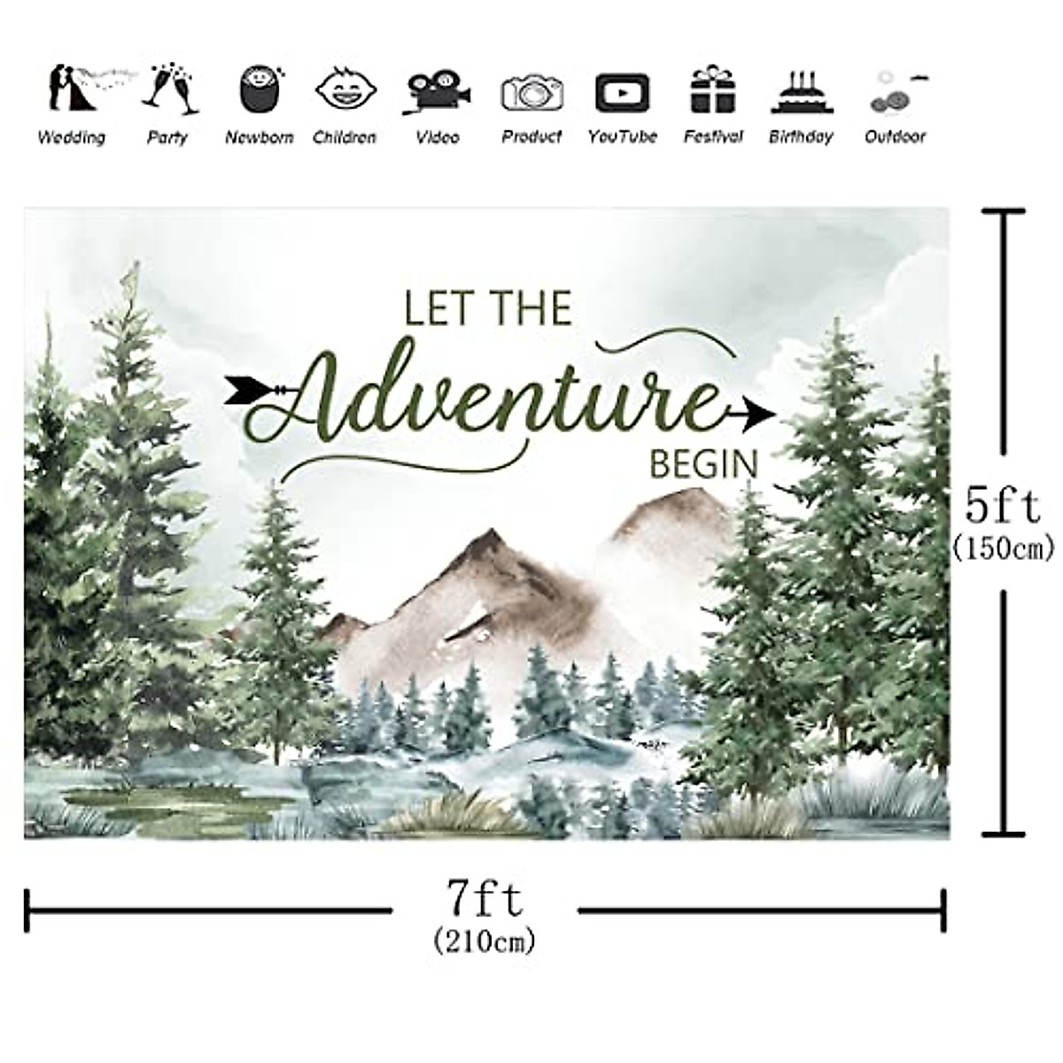 Aperturee Adventure Awaits Baby Shower Backdrop 7x5ft Let The Begin Pine Tree Mountain Wilderness Woodland Animals Photography Background Forest Party Decorations Photo Booth Props, multicolor